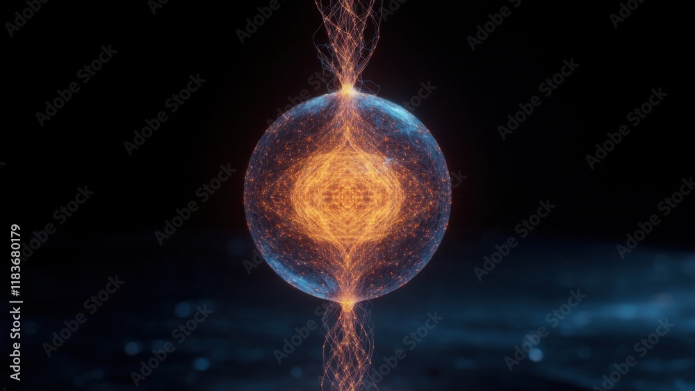 Glowing quantum bits connected by intricate light threads depict superposition and entanglement ...