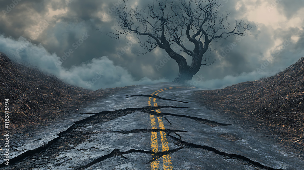 Raster illustration of spooky empty fork in the road in scary forest ...