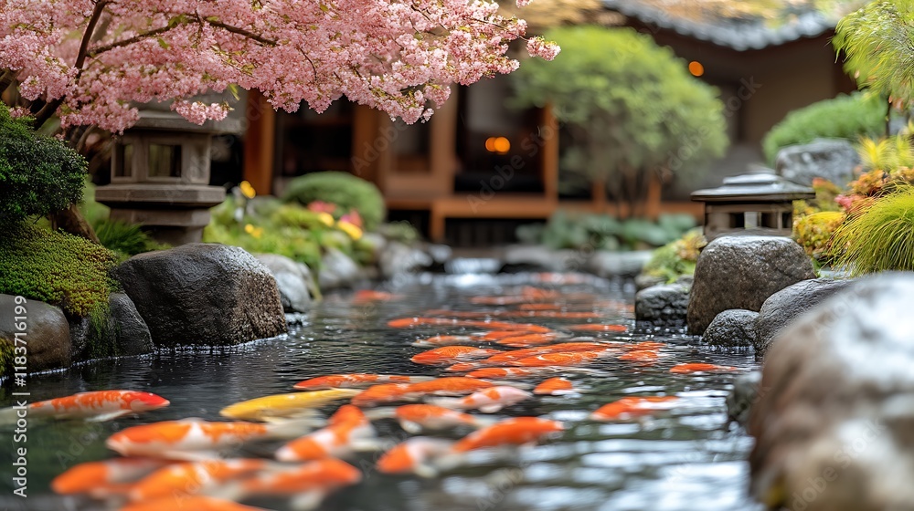 Koi pond in a serene Japanese garden with cherry blossoms. (1) Stock ...