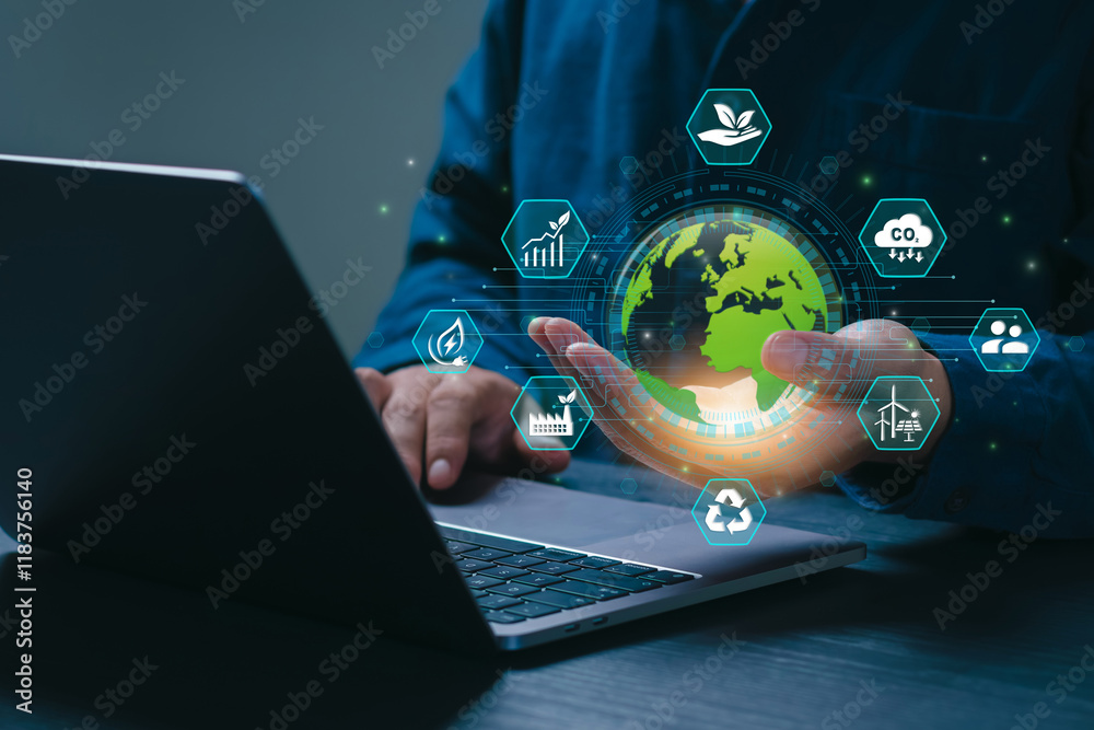 Businessman analyze sustainability investment and holding green globe ...