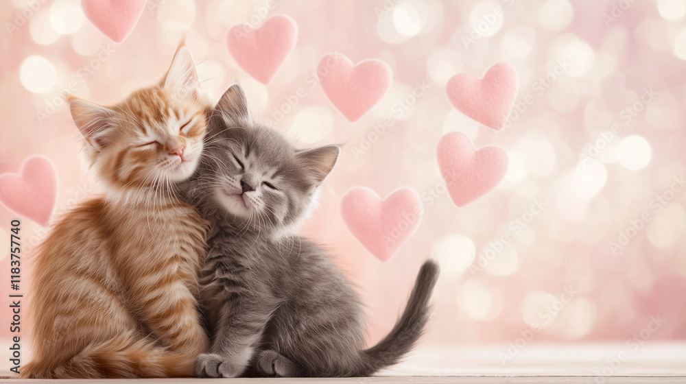 Two cats sitting closely together, tails intertwined, on a blurred pink ...