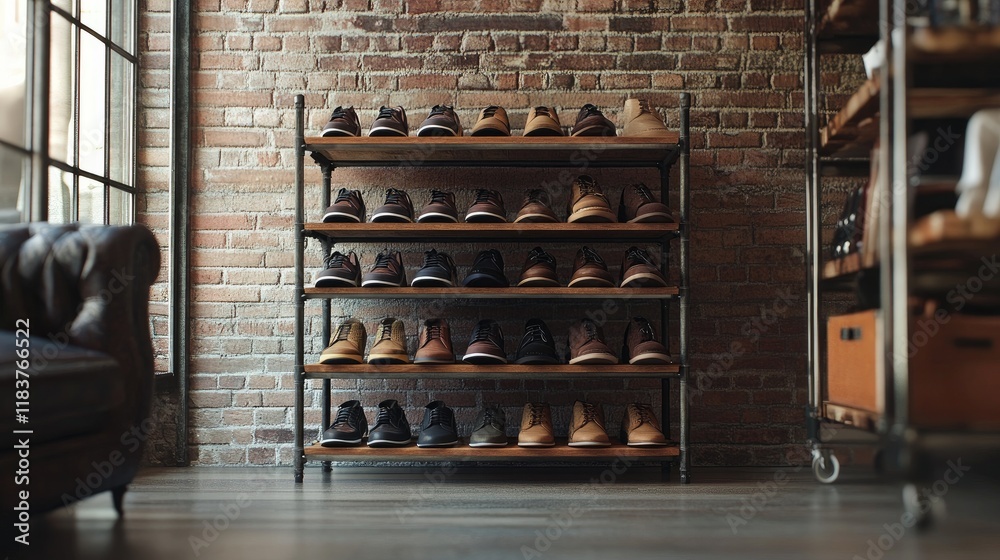 An industrial-style shoe rack made of metal and wood, holding an ...