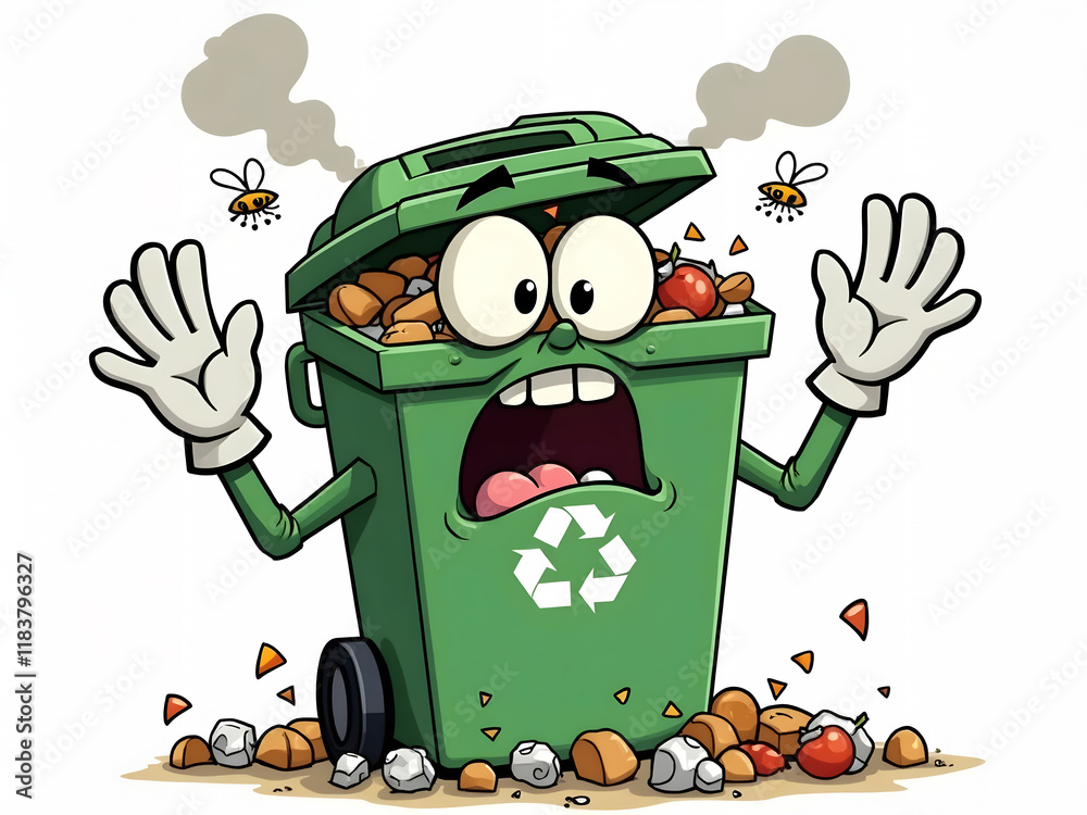 Ilustración de Stock Angry Recycling Bin Cartoon Character Overflowing ...