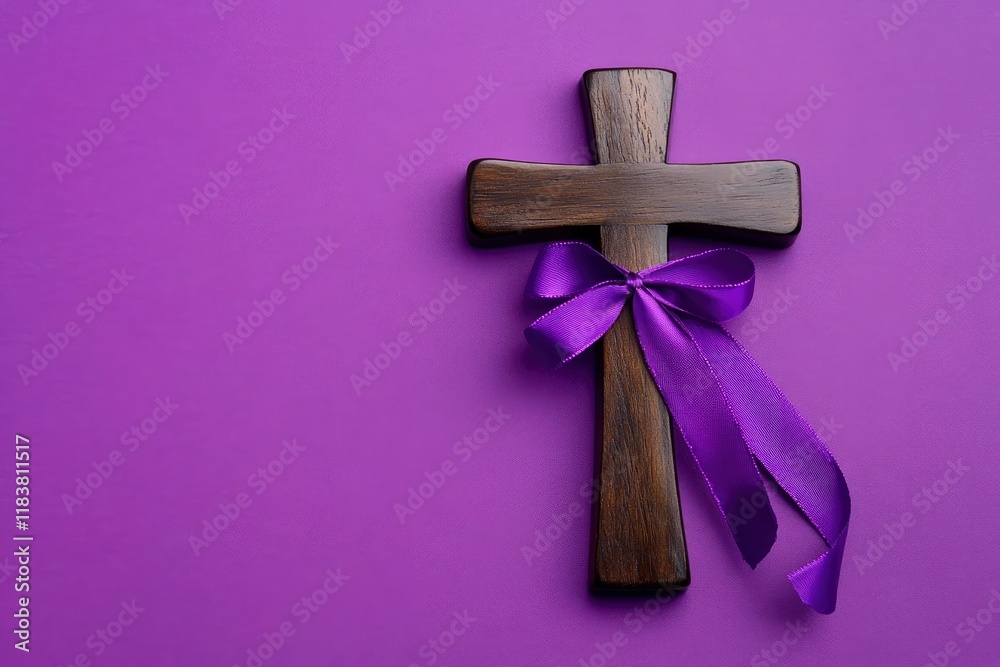 Christian religious wooden cross crucifix with violet ribbon on purple ...