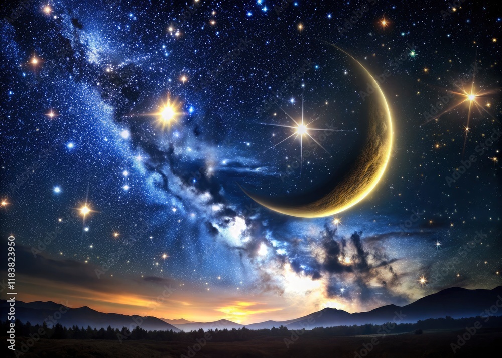 Dark night, celestial wonder: a crescent moon illuminates the starry ...