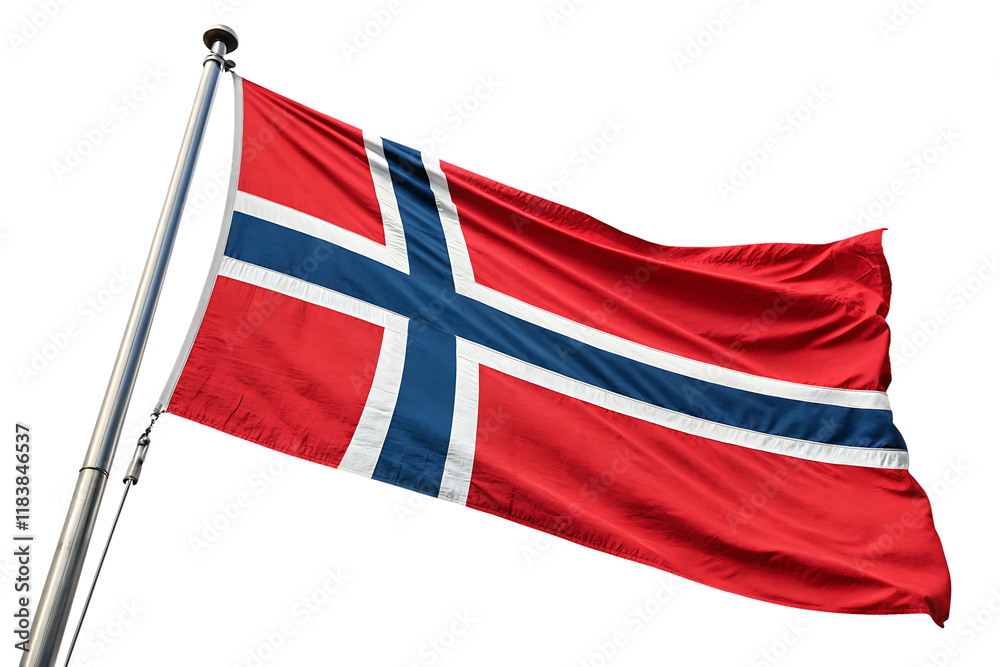 Norway flag waving on pole, Norwegian national flag with a blue cross ...