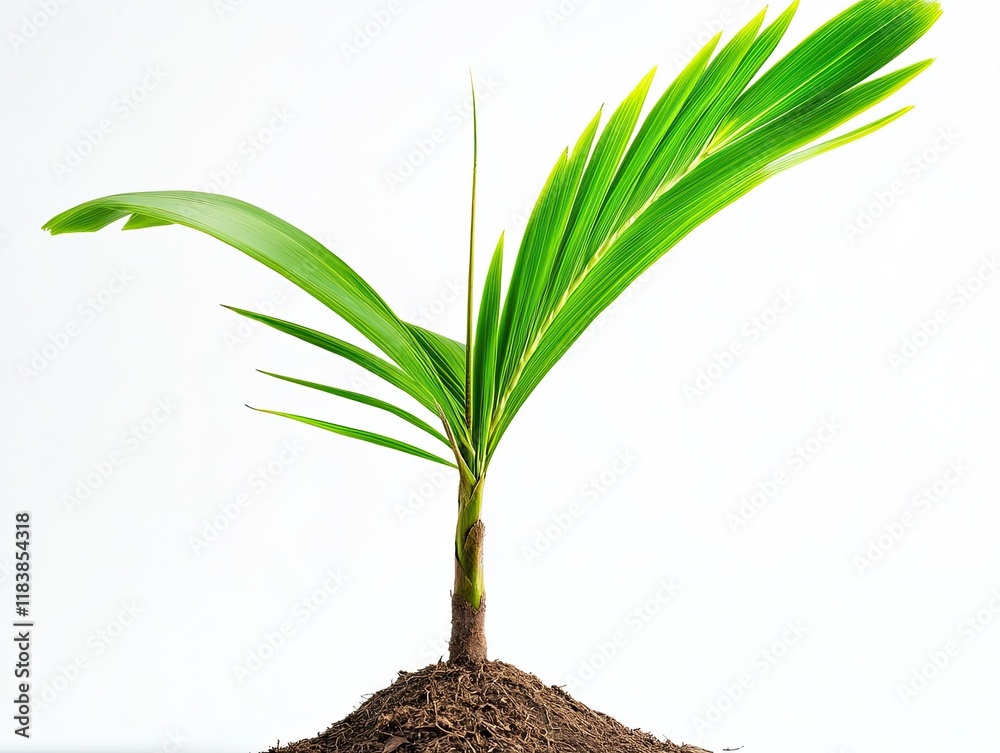 Young palm tree sprout in soil, growth, new life, white background, nature. Stock Photo | Adobe ...