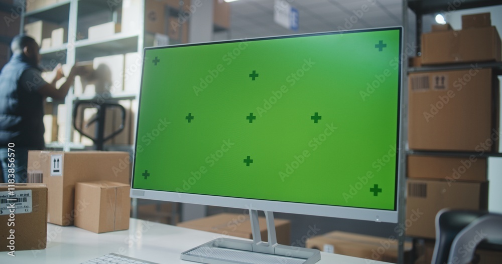 Logistics Facility: Computer Screen Shows Green Screen Chroma Key ...