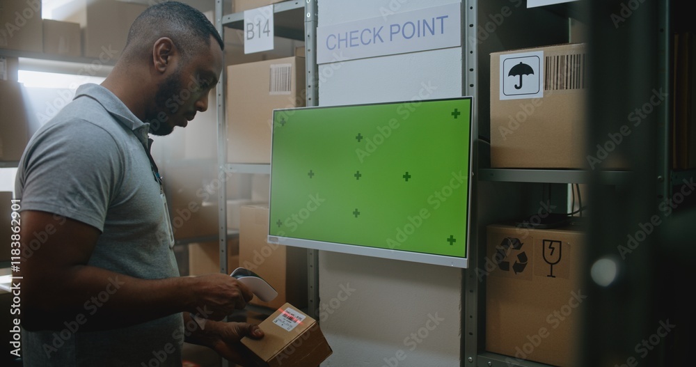 Foto de Stock African American Warehouse Employee Scans Code on Cardboard Box with Scanner ...