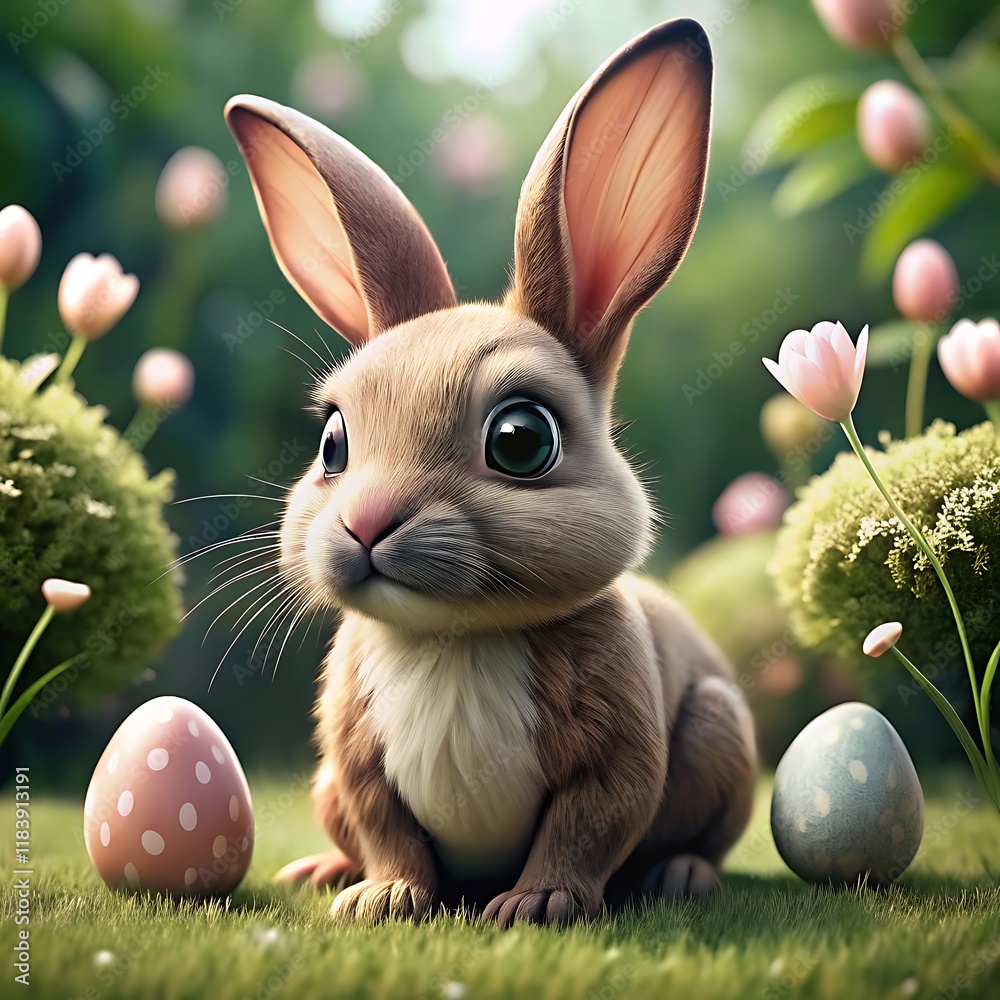 Bunny with polka dot Easter eggs and tulips, Adorable bunny sitting on ...