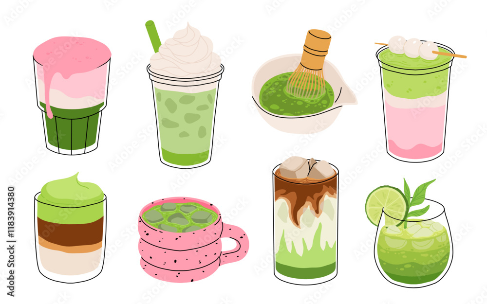 Set of Japan matcha cocktails. Collection of matcha drinks with latte ...