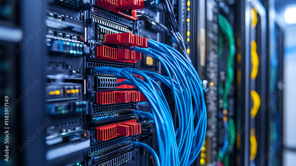 Large group of utp cables, ethernet cables in rack cabinet, utp cables ...