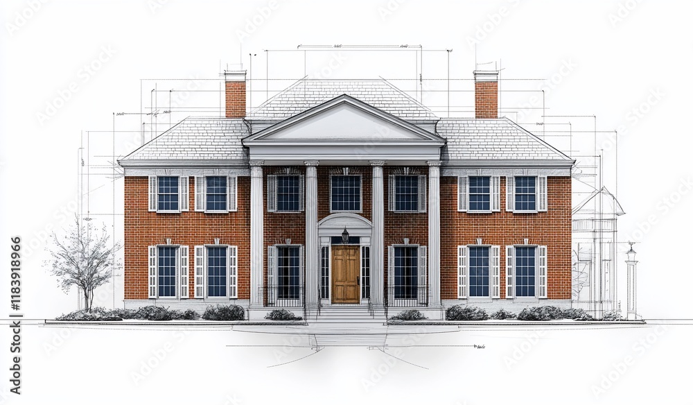 Architectural drawing of a large brick colonial style house with ...
