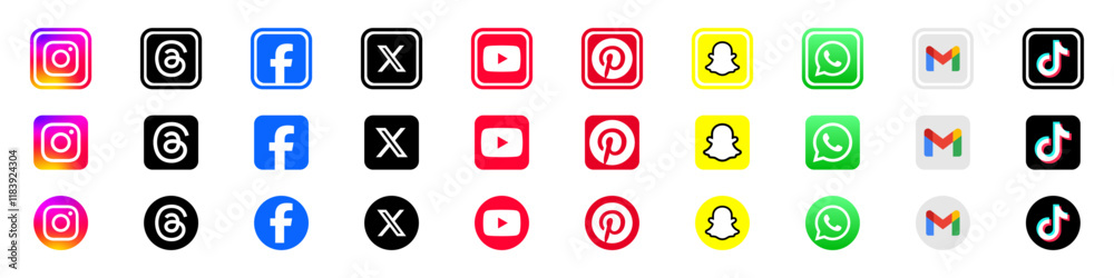 social media icons button collection set. threads, x pinterest ...