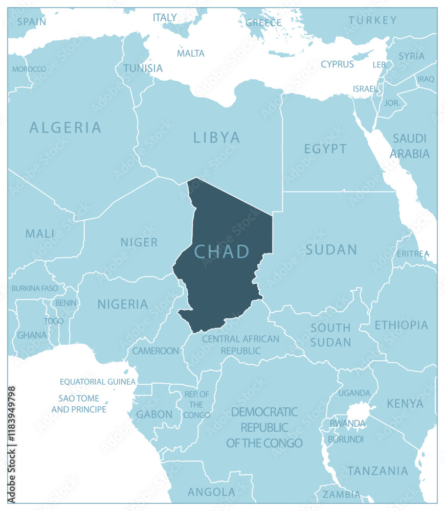 Chad - blue map with neighboring countries and names. Vector ...