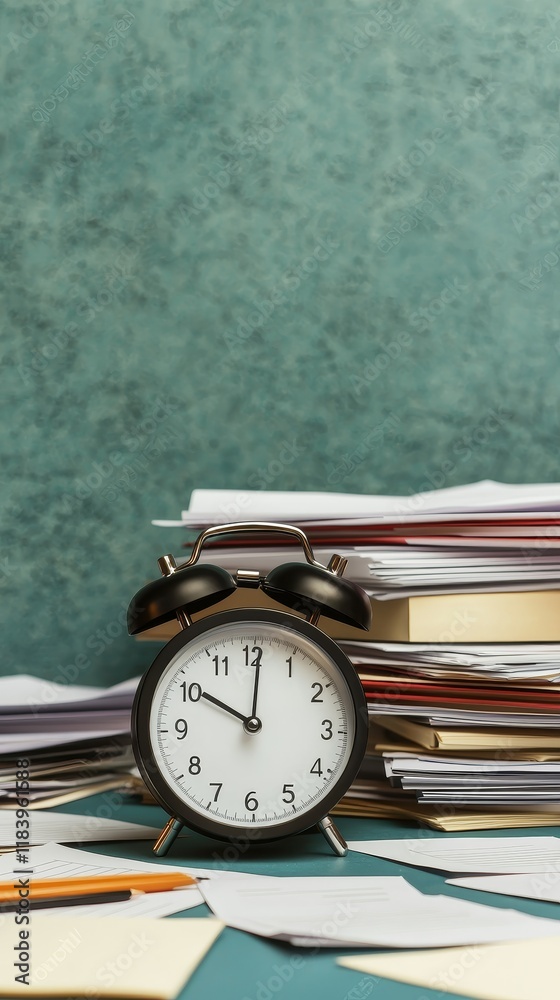 Time management tips concept. Clock beside a messy stack of papers on a ...