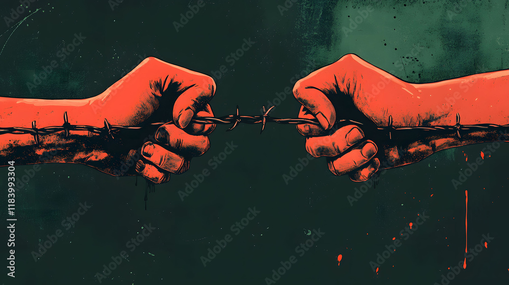 Two clenched fists positioned ,on either side of a piece of barbed wire ...