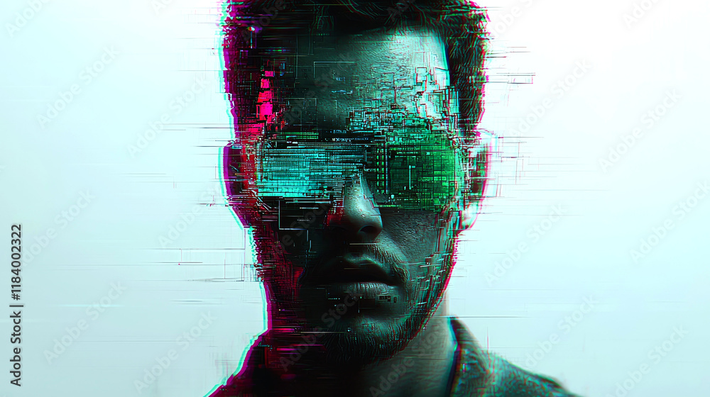 Digital Glitch Portrait: A Futuristic Cyberpunk Man's Face, Distorted ...