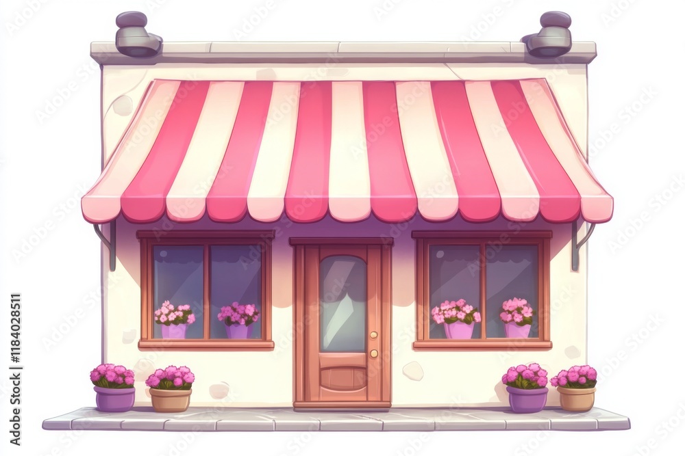 Cute cartoon storefront icon with pink awning and striped canopy ...
