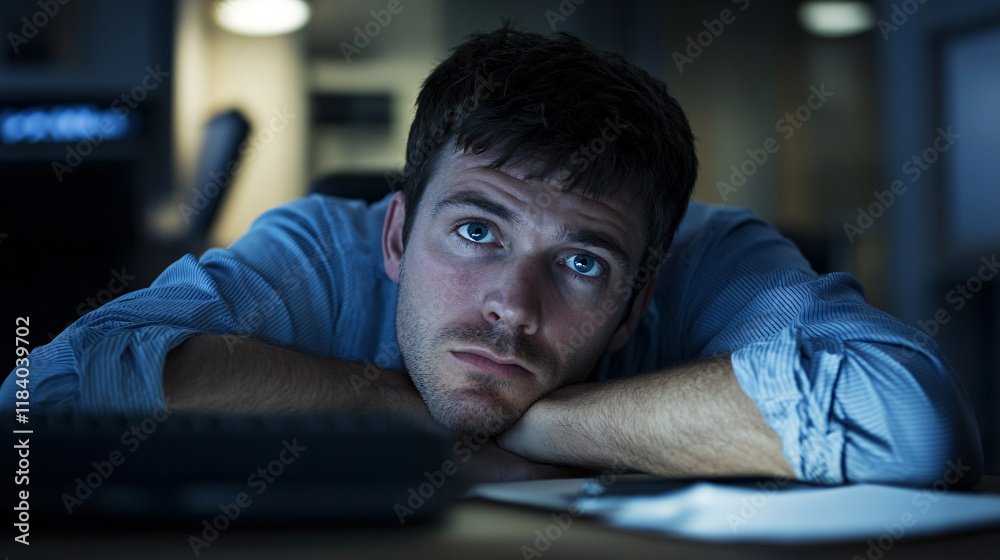 Tired professional in dark office. Illustrates workplace stress and ...