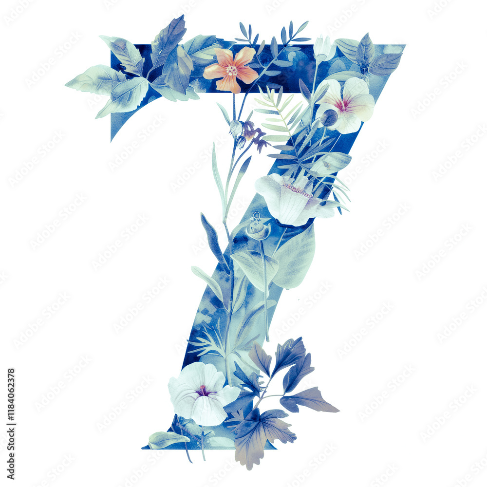 Watercolor Number Seven with Nature Background. Blue and Indigo Floral ...