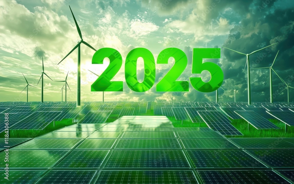 Bold 2025 in bright green, floating over a renewable energy scene with ...