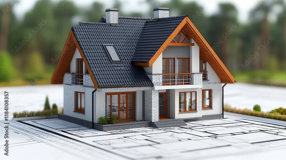 Miniature model of a traditional two-story house with dark roof and ...