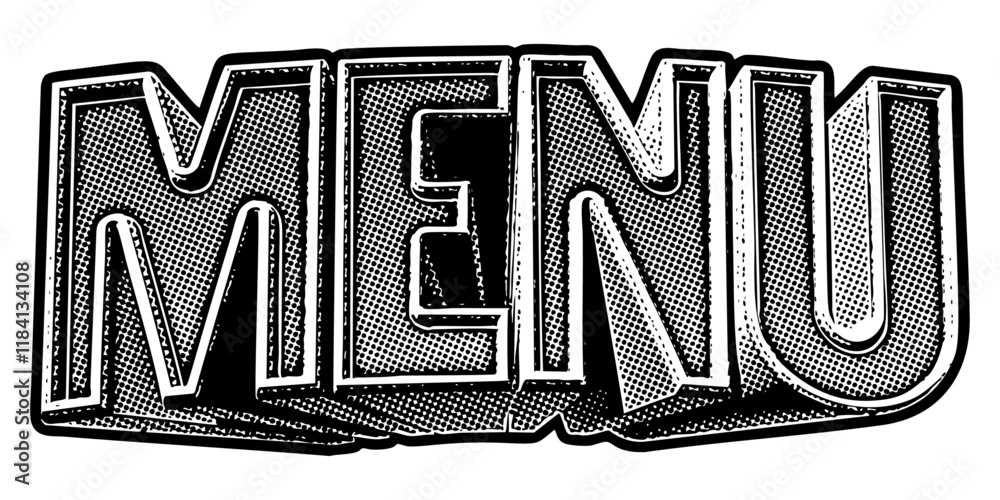 Word ‘Menu’ written in three-dimensional one-point perspective retro ...