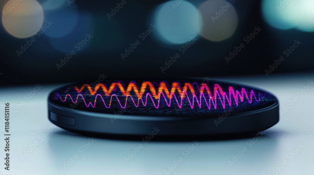 Futuristic design of a sleek audio device with vibrant sound wave ...