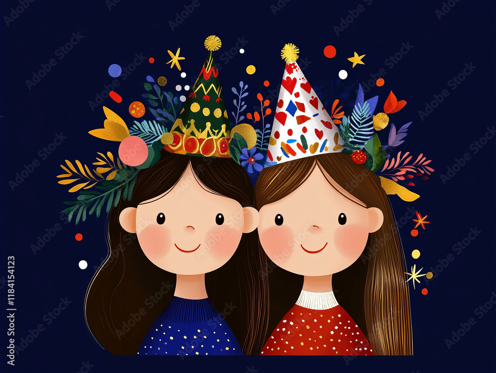 Gemini twins celebrating festive occasion with party hats and joyful ...