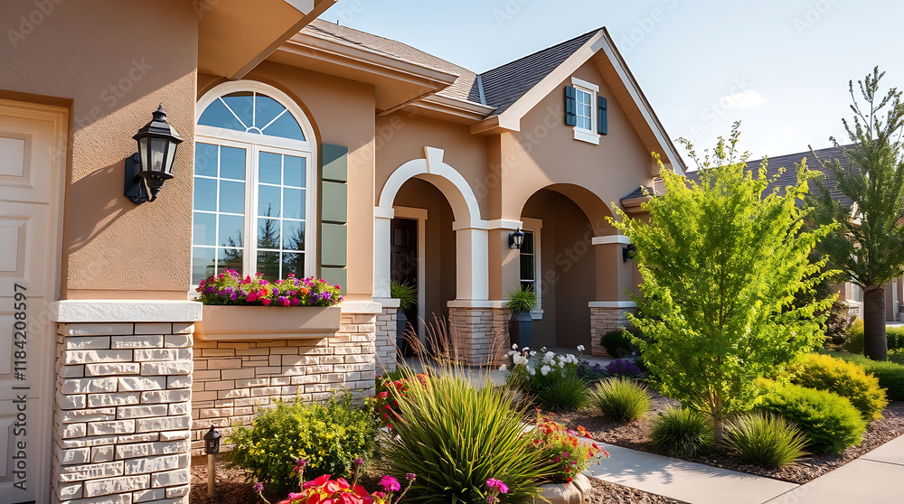 Tan stucco house with arched entryways, stone accents, and landscaping ...