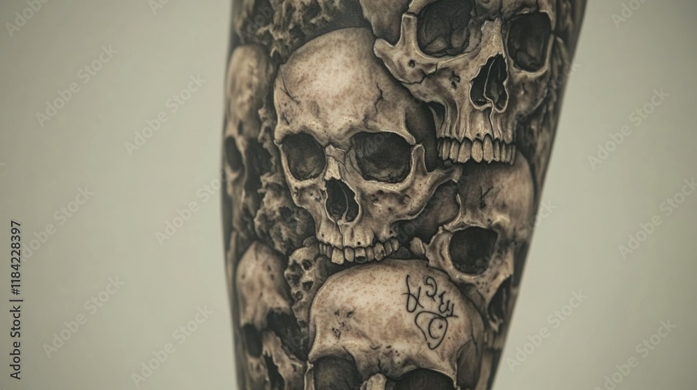 Artistic tattoo sleeve focusing on detailed skulls and elegant script ...
