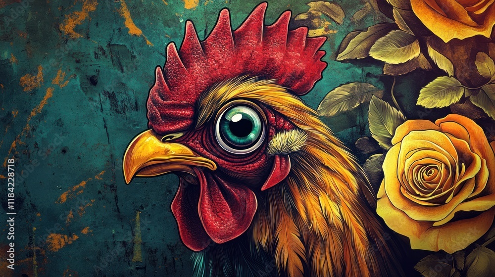 Big-eyed rooster head in a whimsical sailor hat, surrounded by a bold ...