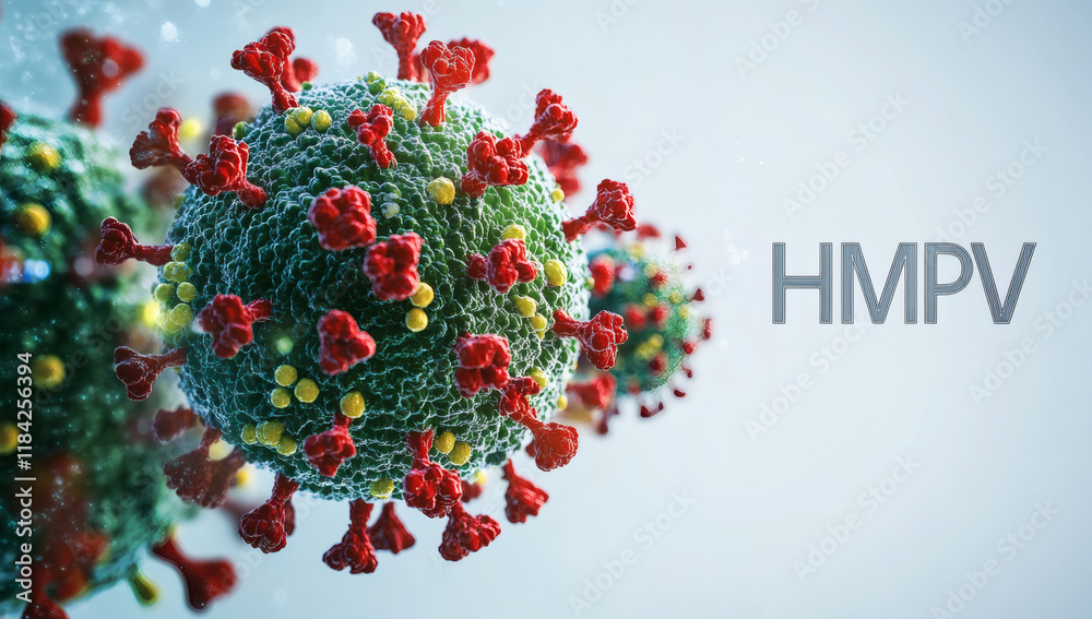 Human metapneumovirus HMPV, with virus in the background. a respiratory ...