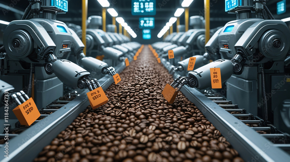 Futuristic Coffee Factory with Robots and Price-Printed Beans on an ...