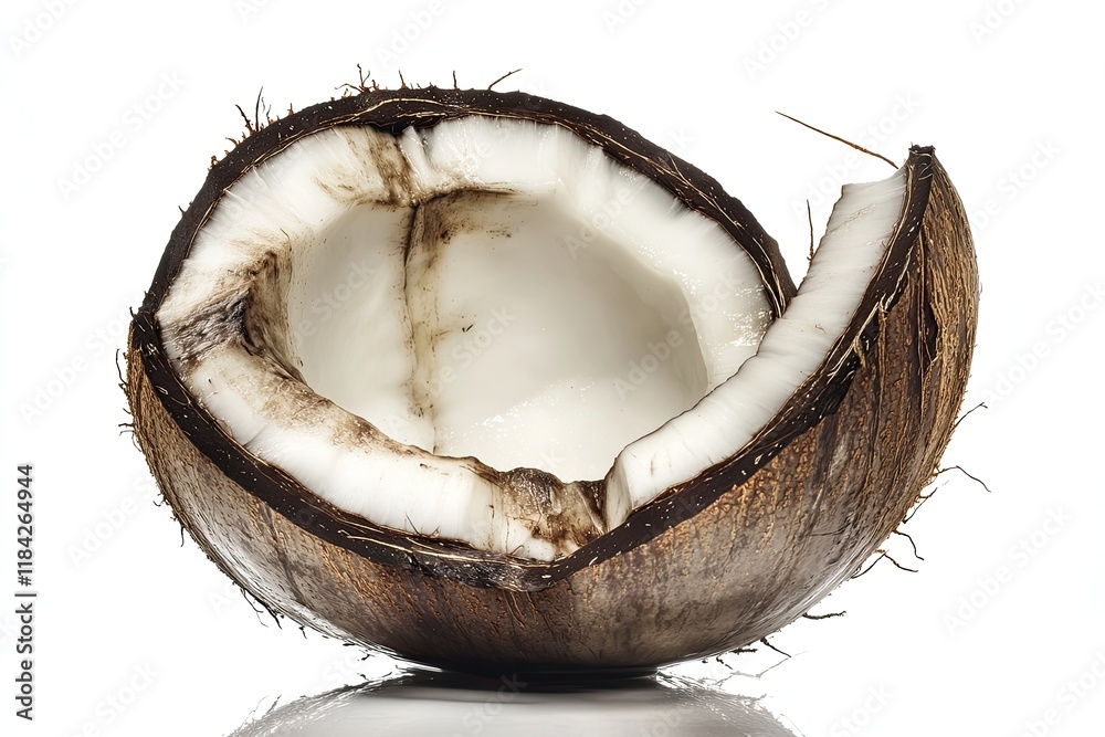 Split coconut reveals fresh, creamy interior; textured shell con Stock ...