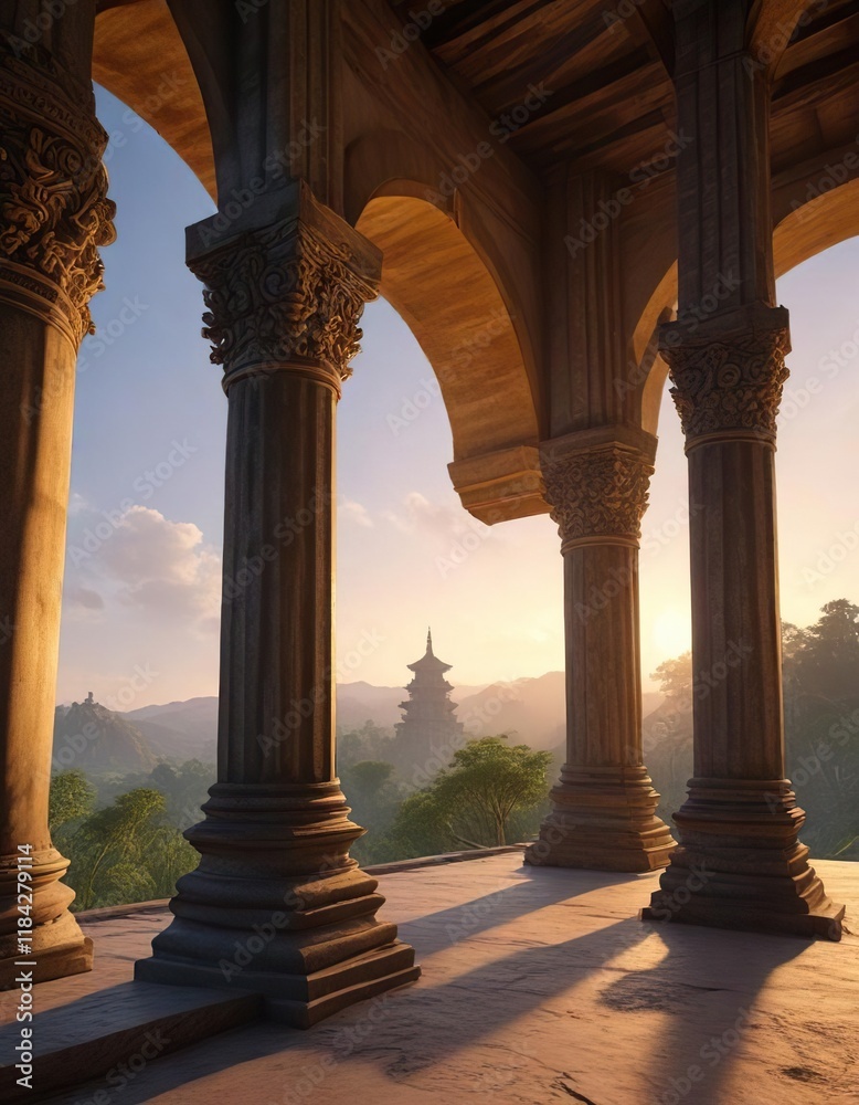 Arcos y columnas de una pagoda con luz crepuscular , light, pillars ...