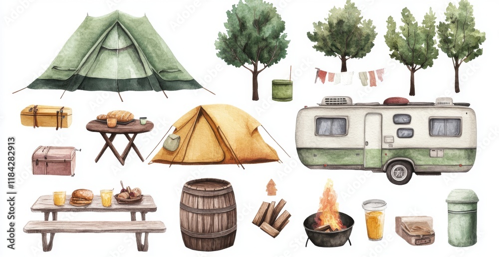 Watercolor Camping Clip Art Set. Tents, Campers, Fire Pits, Picnic ...