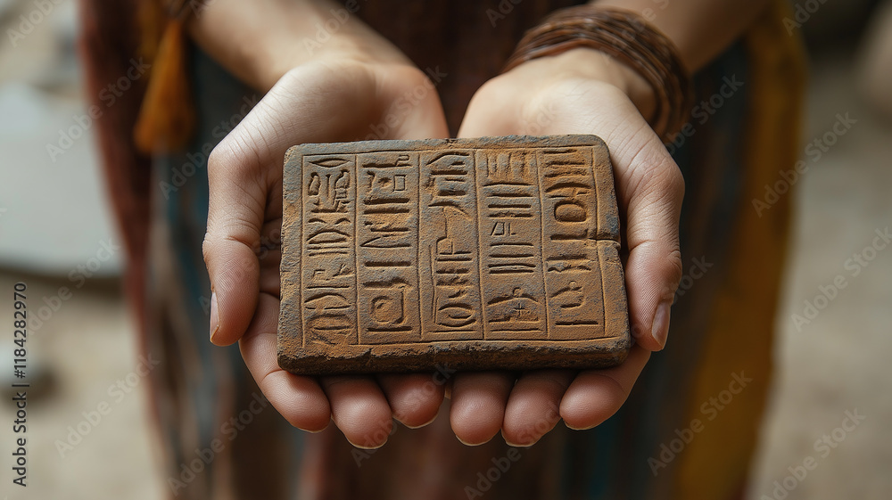 Ancient Egyptian Cuneiform. Hands hold an ancient Egyptian cuneiform ...