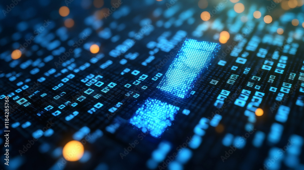 digital blue exclamation mark icon with glowing data streams, ai in ...