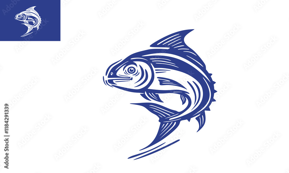 wild tuna jumping logo, silhouette of great cute fish swimming in sea ...