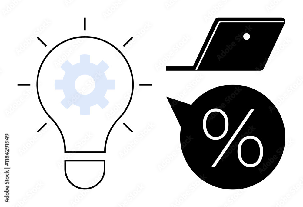 Light bulb with cog inside, laptop, and percentage sign in speech ...