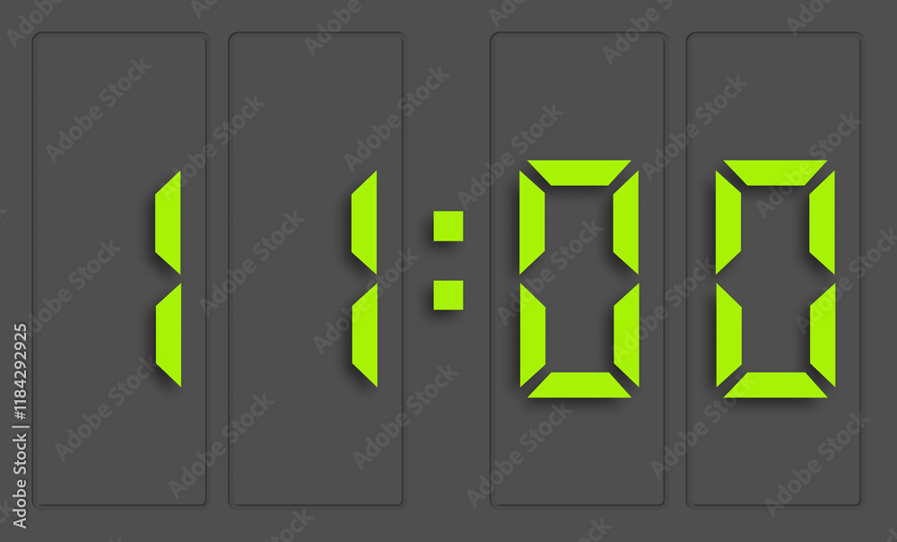 Digital clock with green numbers and dark background, showing 11 o ...