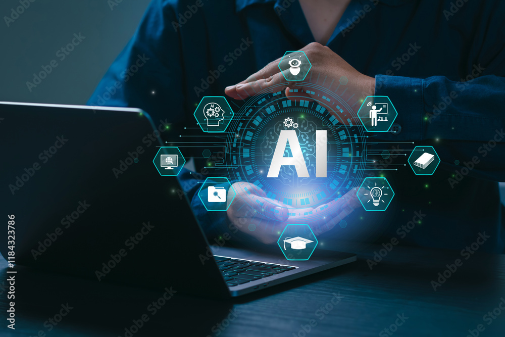 AI Artificial Intelligence and Education technology concept. A man use ...