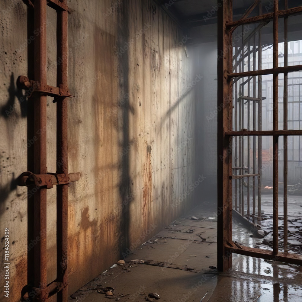 Rusty iron bars surround a damp and neglected prison cell, broken chair ...