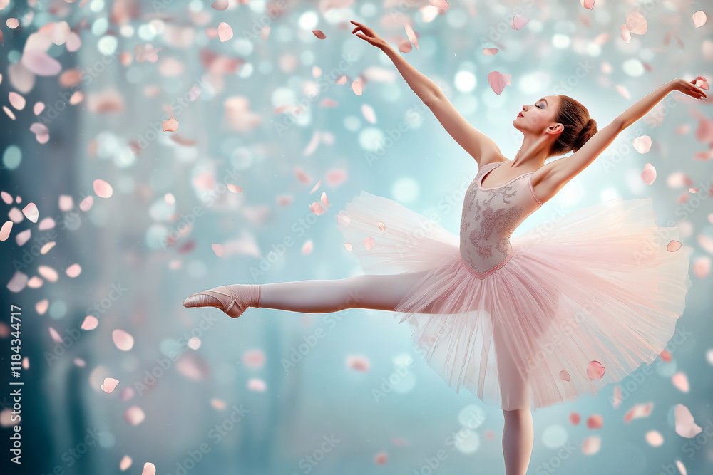 Elegant ballerina dancing under soft falling petals in a magical ...