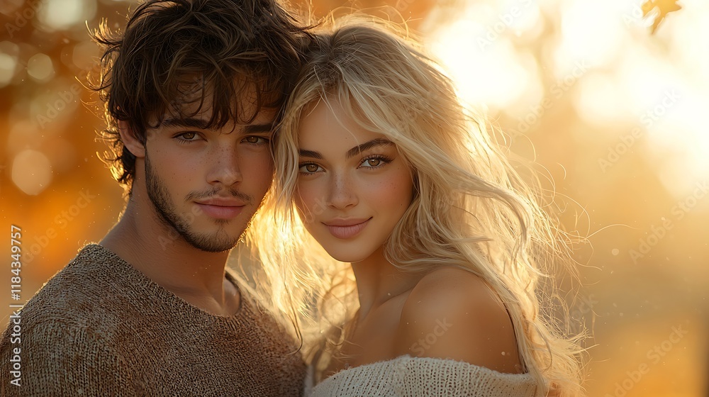 Romantic park scene during golden hour with a couple in their 30s ...