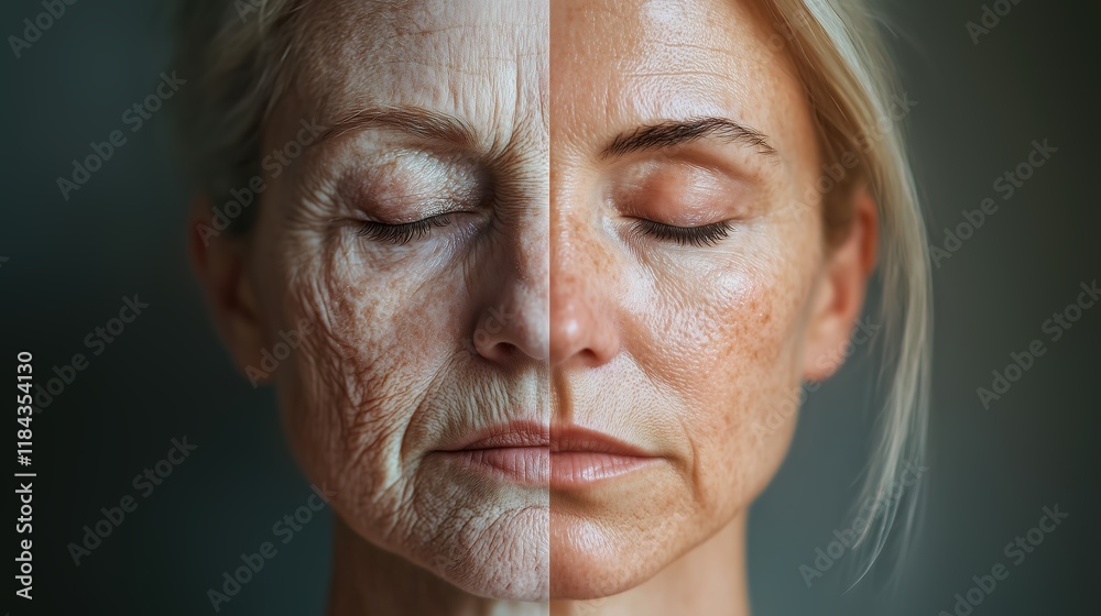Split-screen photo of woman’s face emphasizing skincare transformation ...
