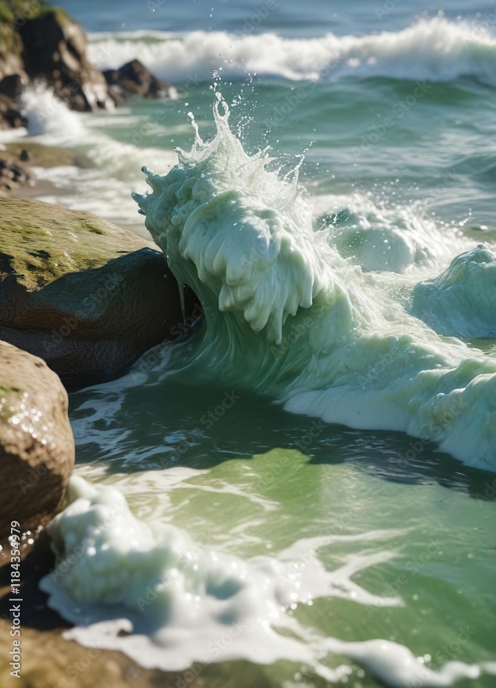 Descripción de un cuerpo de agua con espuma verde en la superficie ...
