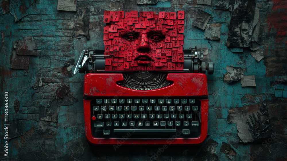 Serial killer, A high-fidelity image of a red-stained typewriter typing ...